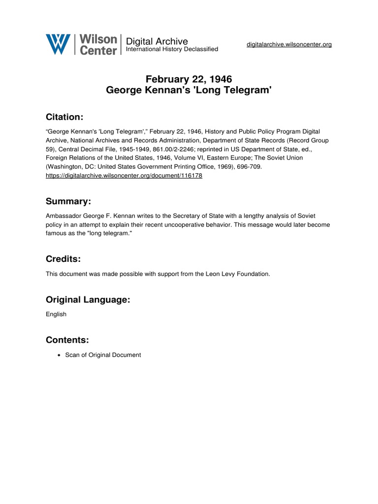 Kennan's Long Telegram Analysis | PDF