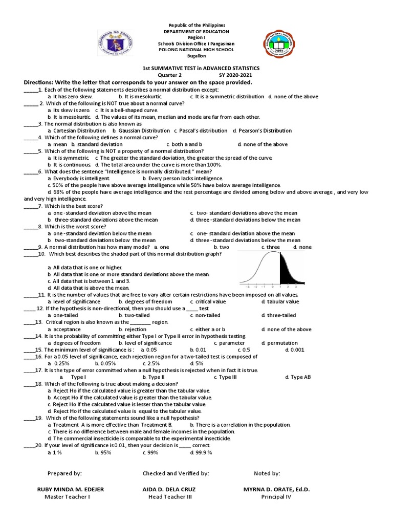 Summative Test in Advanced Statistics Quarter 2 SY 2021 2022 | PDF ...