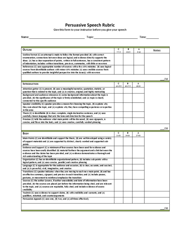 Persuasive Speech Rubric: Give This Form To Your Instructor Before You ...