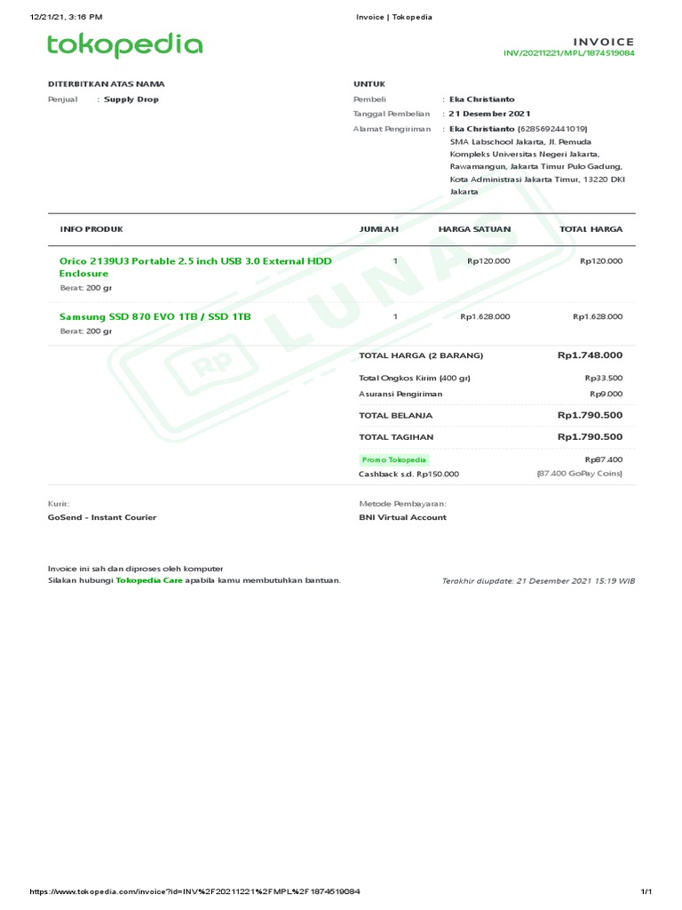 Invoice - Tokopedia - Samsung SSD 870 EVO 1TB Plus Enclosure 21122021 ...