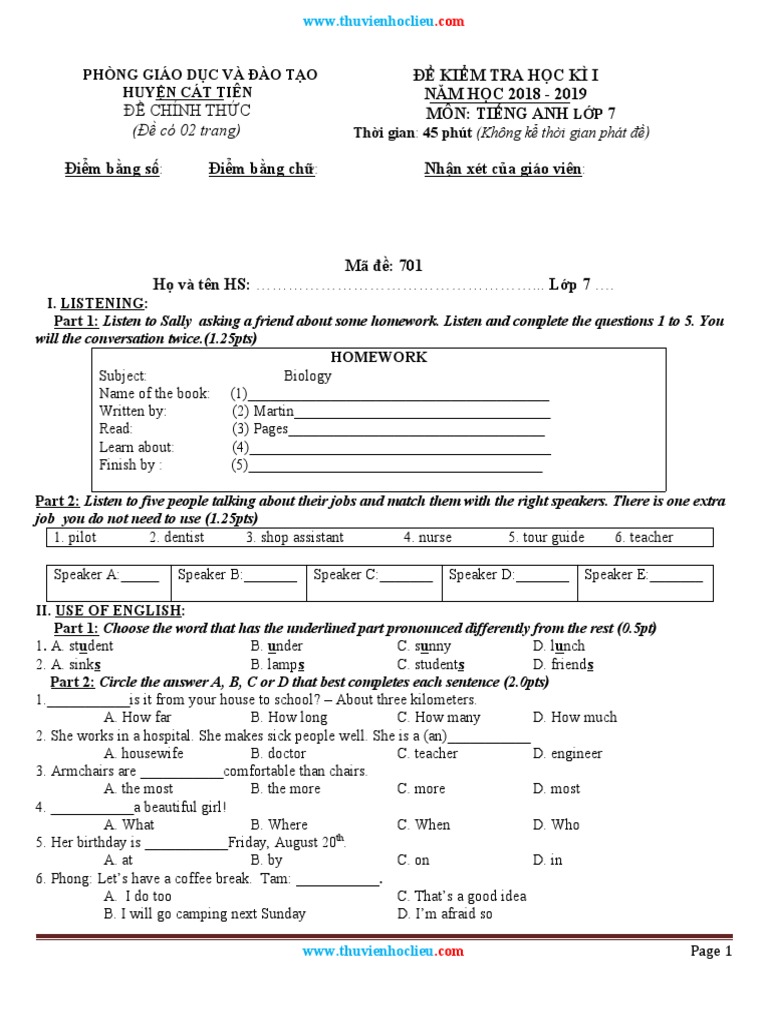 10 de Thi HK1 Tieng Anh 7 Co Dap An | PDF | Bracket