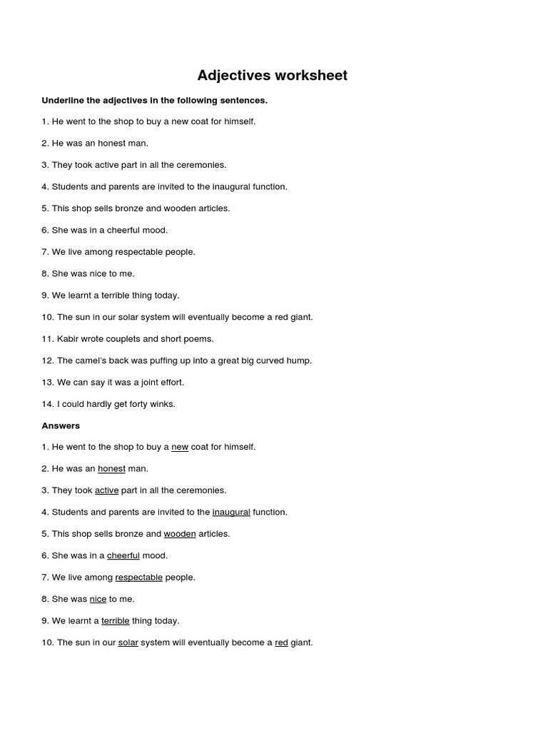 Adjectives Worksheet: Underline The Adjectives in The Following ...