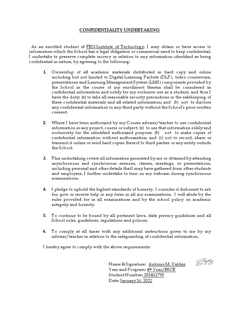 Student Confidentiality Agreement | PDF | Confidentiality | Information