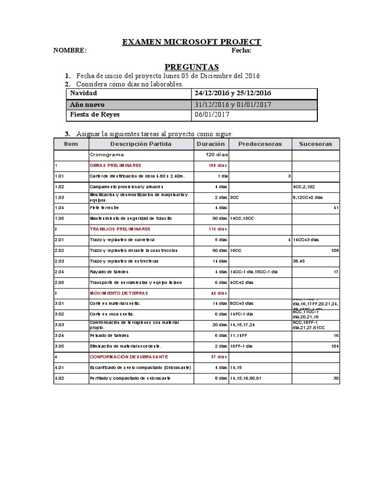Examen de Microsoft Project: Captaforo | PDF | Hormigón | Materiales de ...