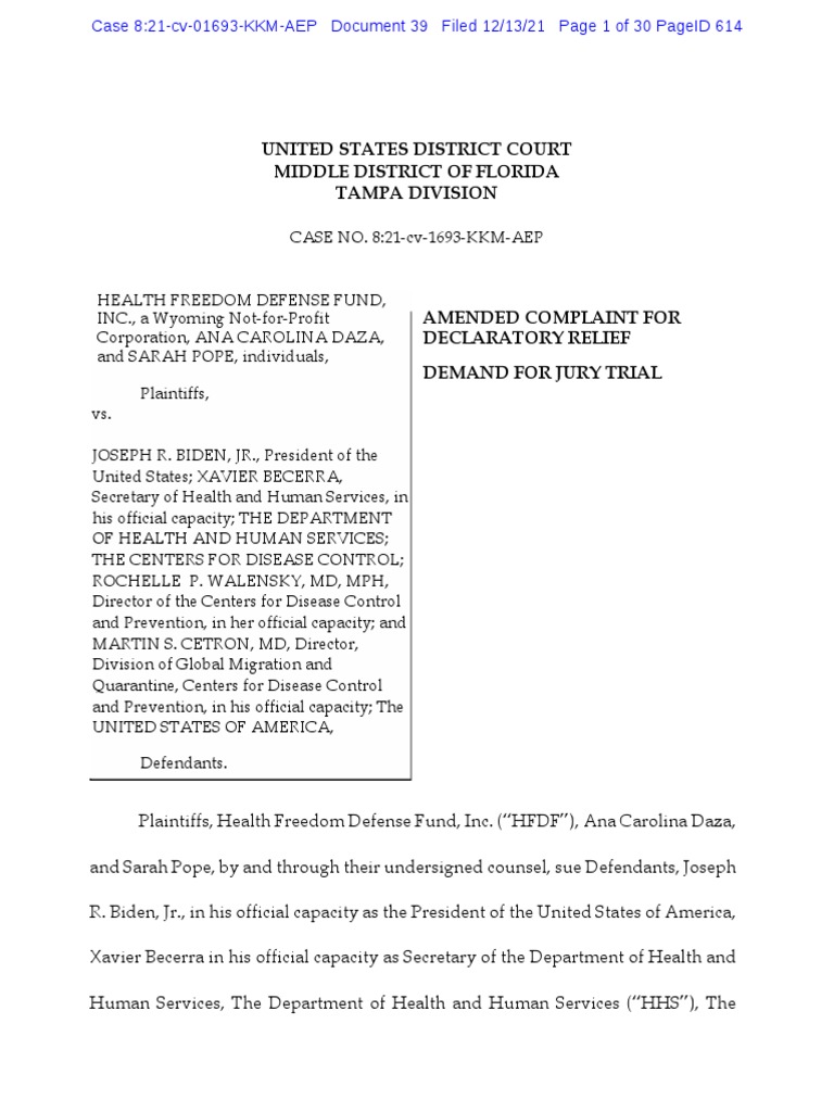 Amended Complaint and Attachments Health Freedom Defense Fund Inc. Et Al v. Biden Et Al | PDF ...