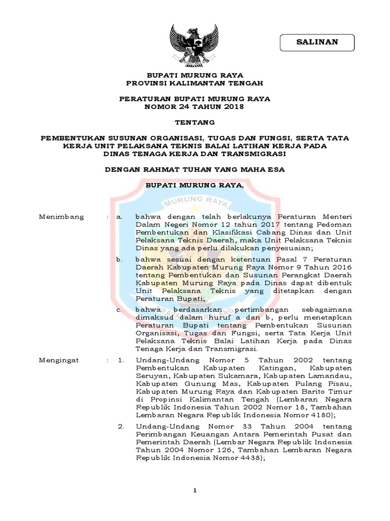 Perbup 24 Tahun 2018 TTG Pembentukan SOTK UPT Balai Lat Kerja | PDF ...