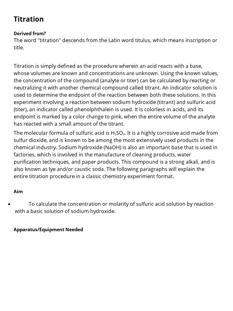 Experiment - H2SO4 Titration With NaOH | PDF | Chemistry | Titration