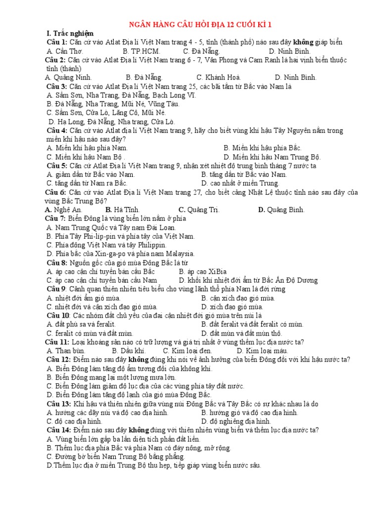 NGÂN HÀNG CÂU HỎI ĐỊA 12 CK1 hs | PDF
