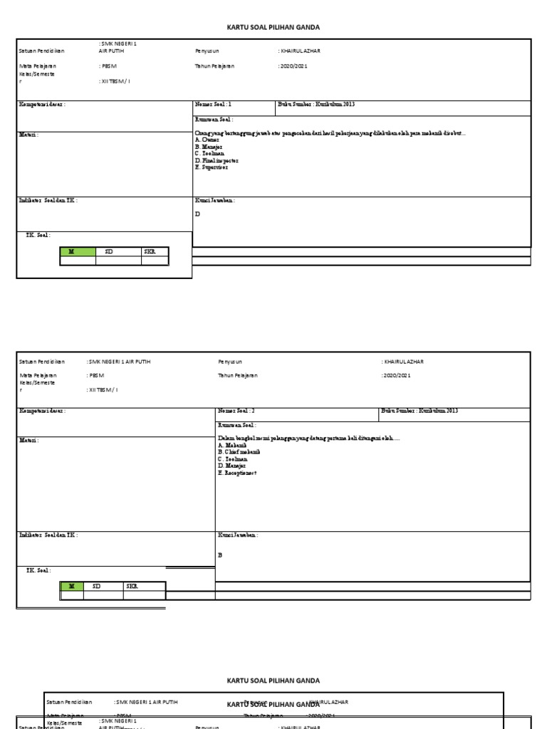 Kartu Soal Pilihan Berganda & Essay PBSM Kelas Xii TBSM | PDF