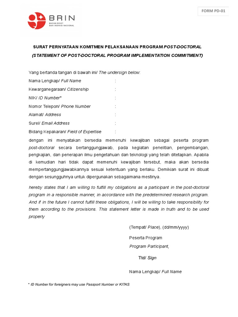 Surat Pernyataan Komitmen Pelaksanaan Program Post-Doctoral | PDF