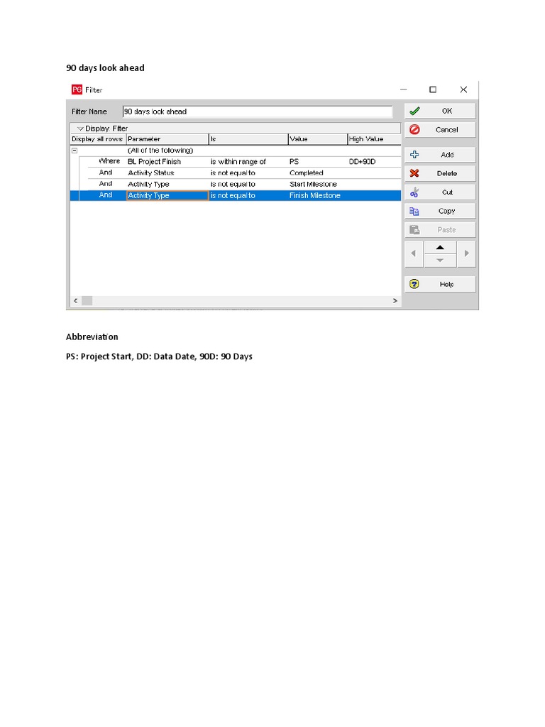 Primavera P6 - Filter - 90 Days Look Ahead | PDF