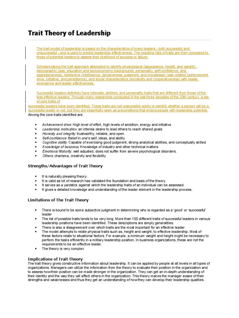 Trait Theory of Leadership | PDF | Leadership | Cognition