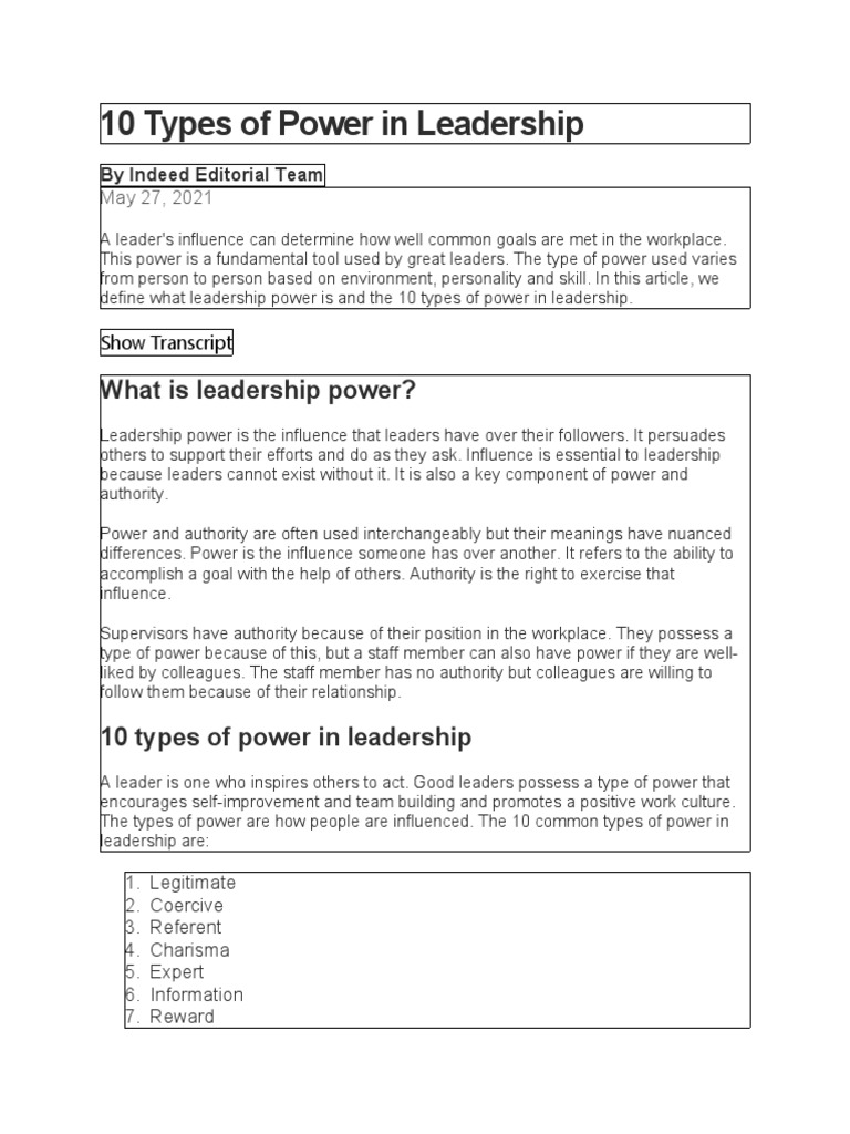 10 Types of Power in Leadership | PDF | Power (Social And Political ...