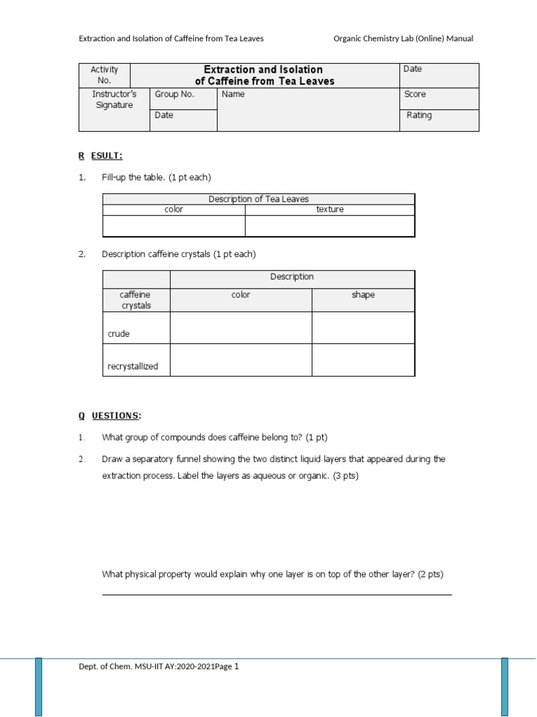 EXTRACTION AND ISOLATION OF CAFFEINE FROM TEA - Worksheet | PDF ...
