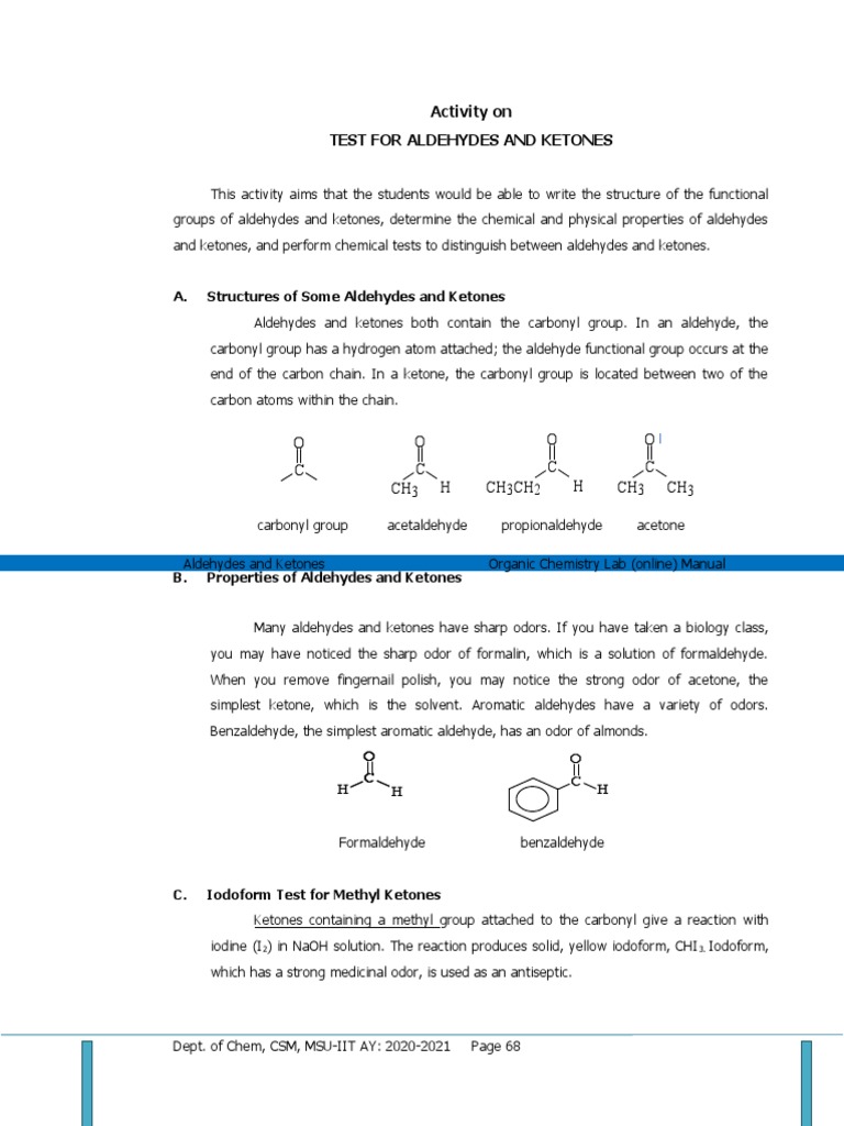 Test For Aldehydes and Ketones - Procedure - Online Class | PDF ...