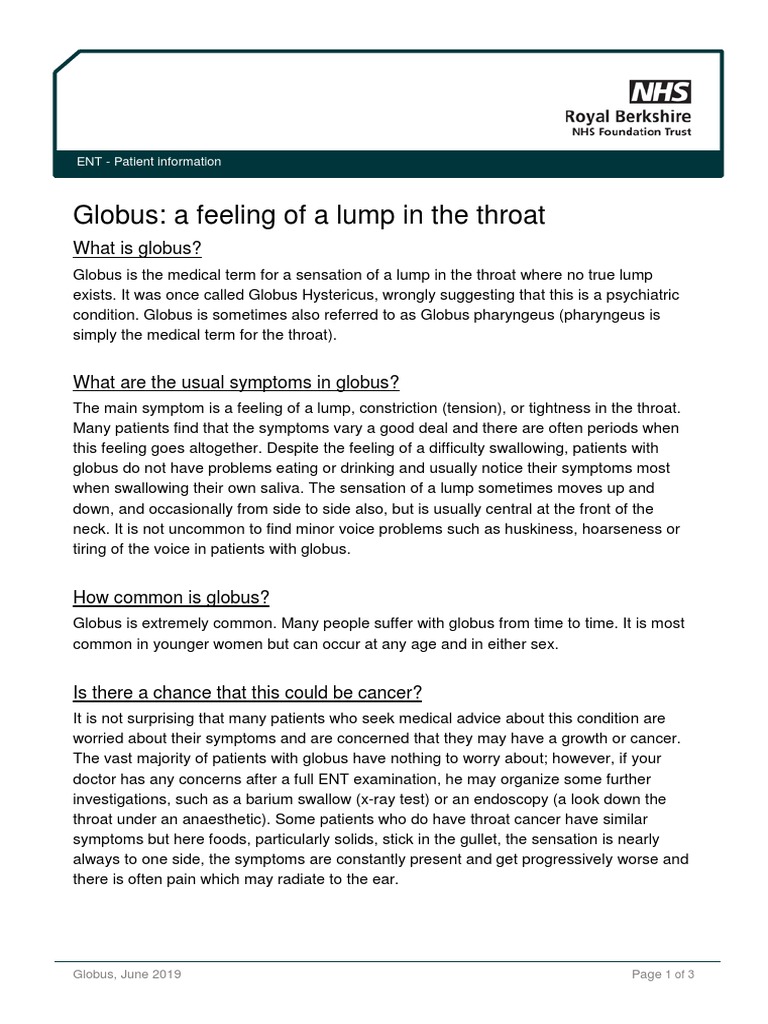 Globus: A Feeling of A Lump in The Throat | PDF | Esophagus | Clinical ...