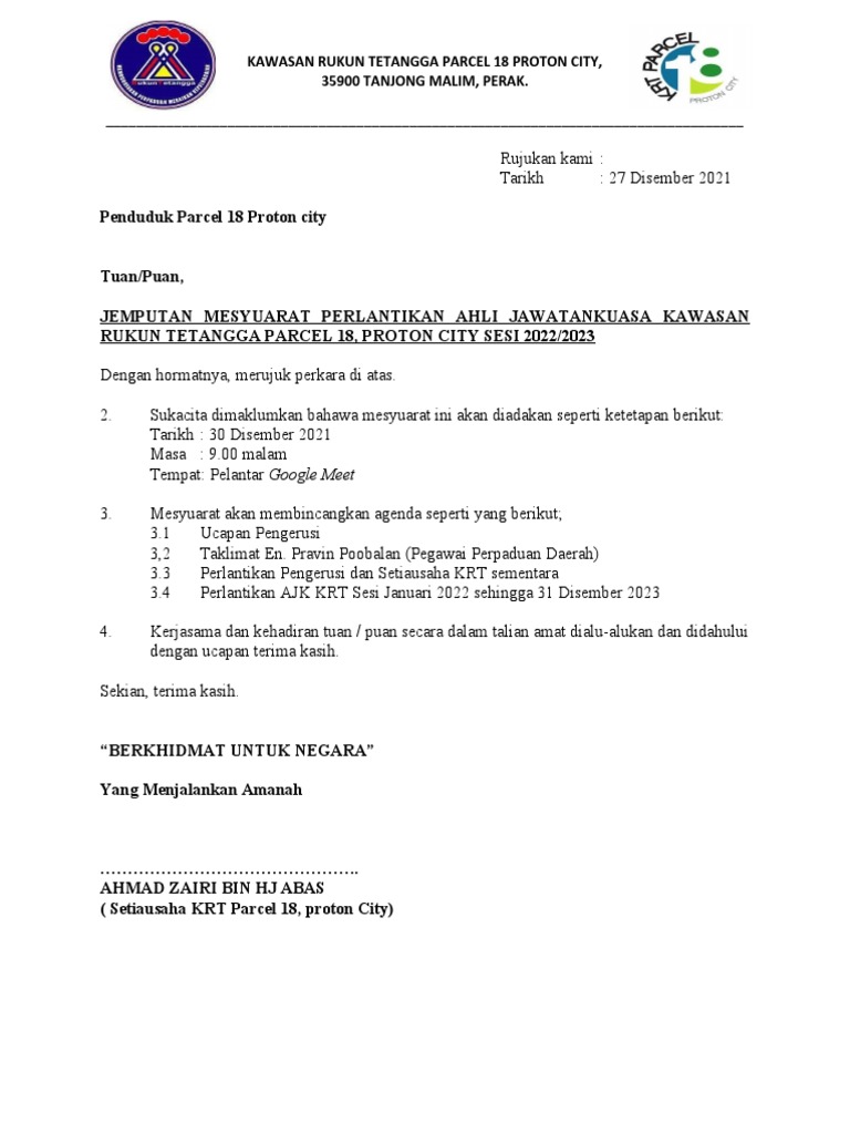 Surat Jemputan Mesyuarat KRT | PDF