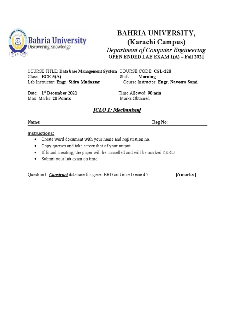 Dbms Paper Open Ended 1 02122021 090519am | PDF | Sql | Databases