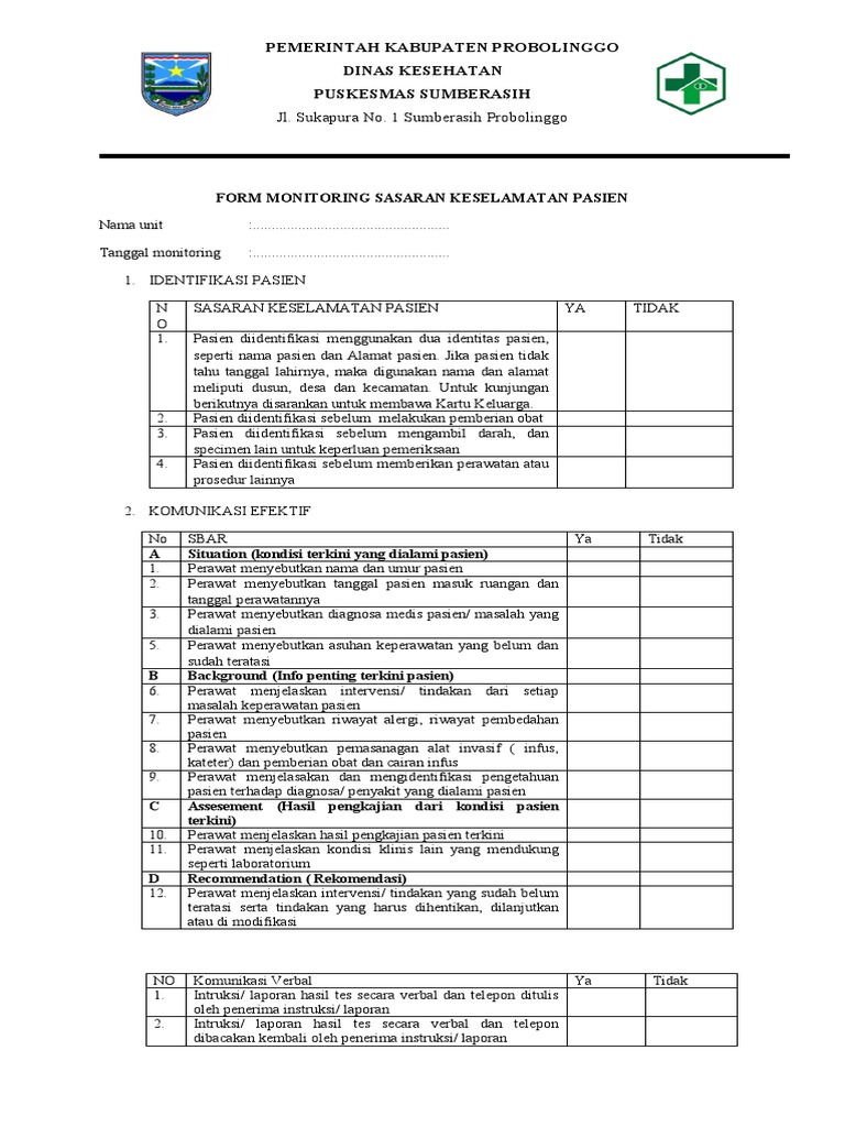 Form Monitoring Sasaran Keselamatan Pasien | PDF