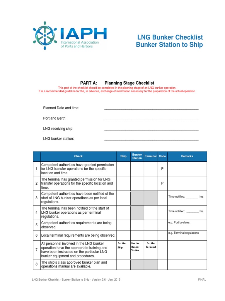 Iaph LNG Bunker Checklist Bunker Station To Ship Final v3.6 Incl ...