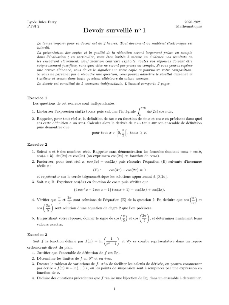 Devoir Surveillé N 1 | PDF | Fonction trigonométrique | Fonction (Mathématiques)