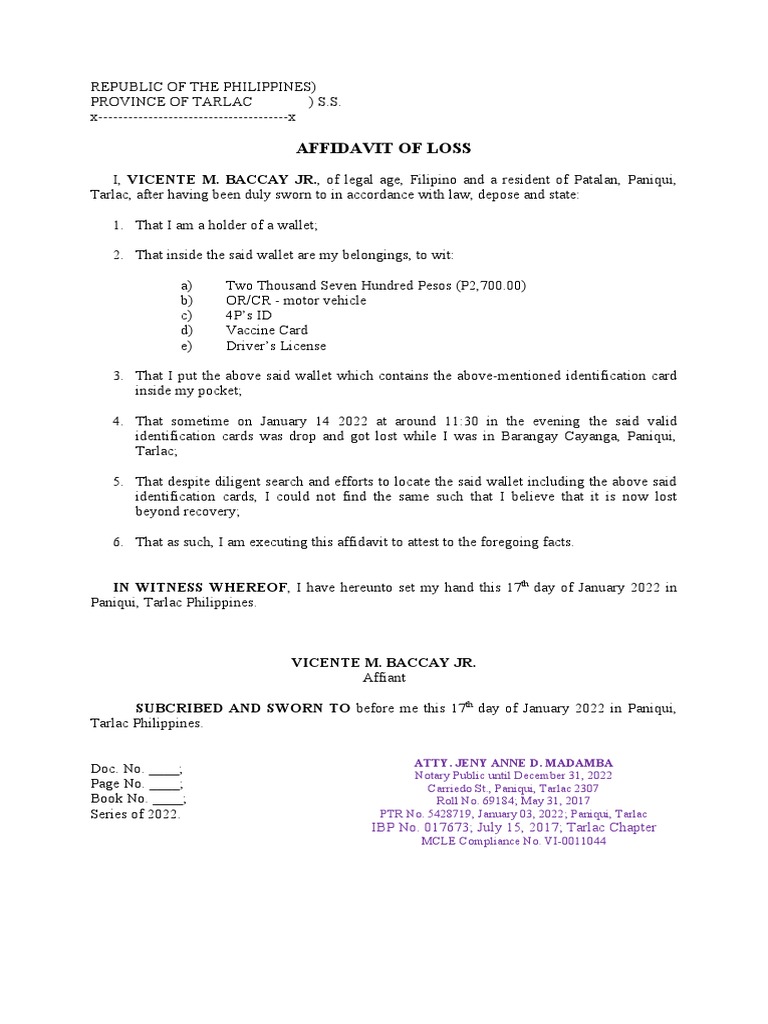 Loss Wallet With Id | PDF | Affidavit | Identity Document