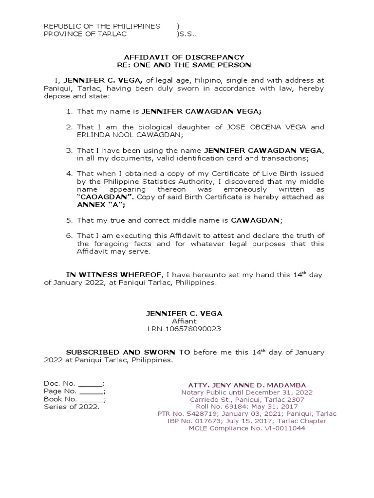 Affidavit of Discrepancy Re: One and The Same Person: Atty. Jeny Anne D ...