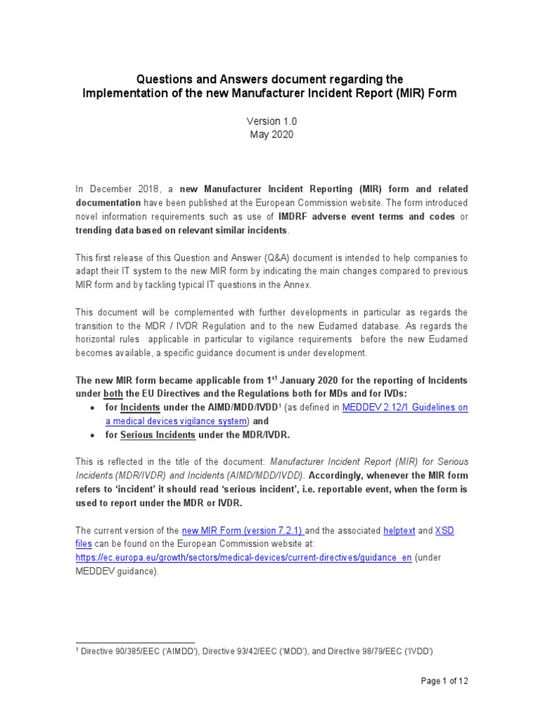 New Manufacturer Incident Report (MIR) Guide | PDF | Medical Device | Xml