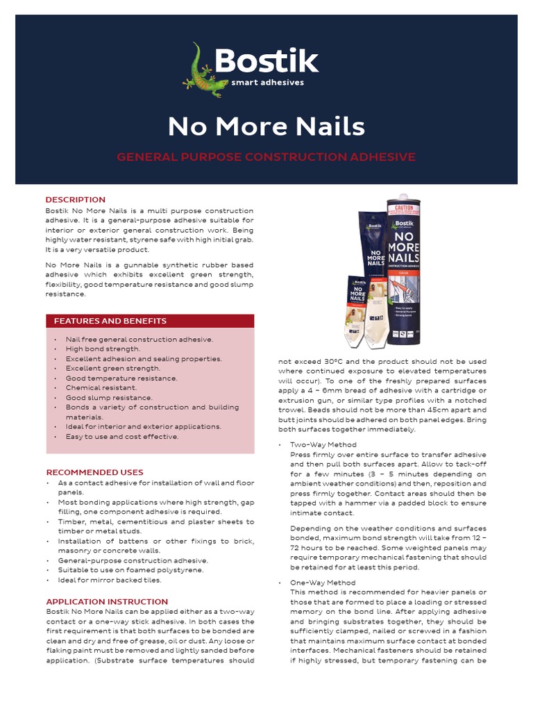 Bostik DIY Philippines NoMoreNails Technical Data Sheet | PDF | Adhesive | Plywood
