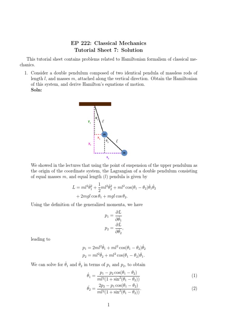 EP 222: Classical Mechanics Tutorial Sheet 7: Solution | PDF ...