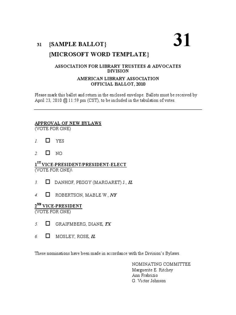 (Sample Ballot) (Microsoft Word Template) | PDF | Committee | Board Of ...