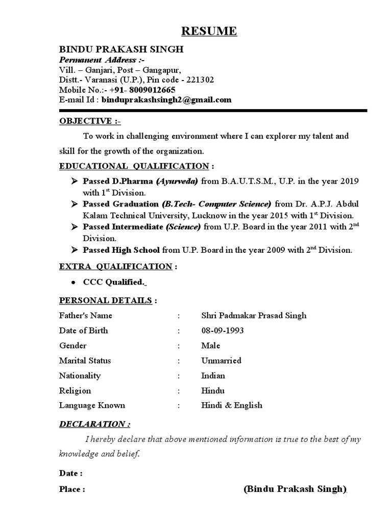 Resume: Bindu Prakash Singh | PDF