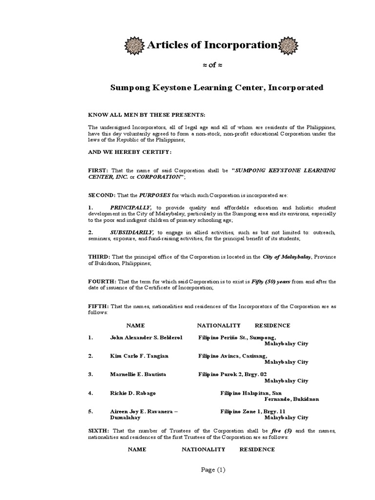 Articles of Incorporation Sample | PDF | Economies | Government