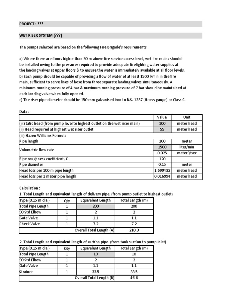 Template Wet Riser Calculation Pdf Pump Valve
