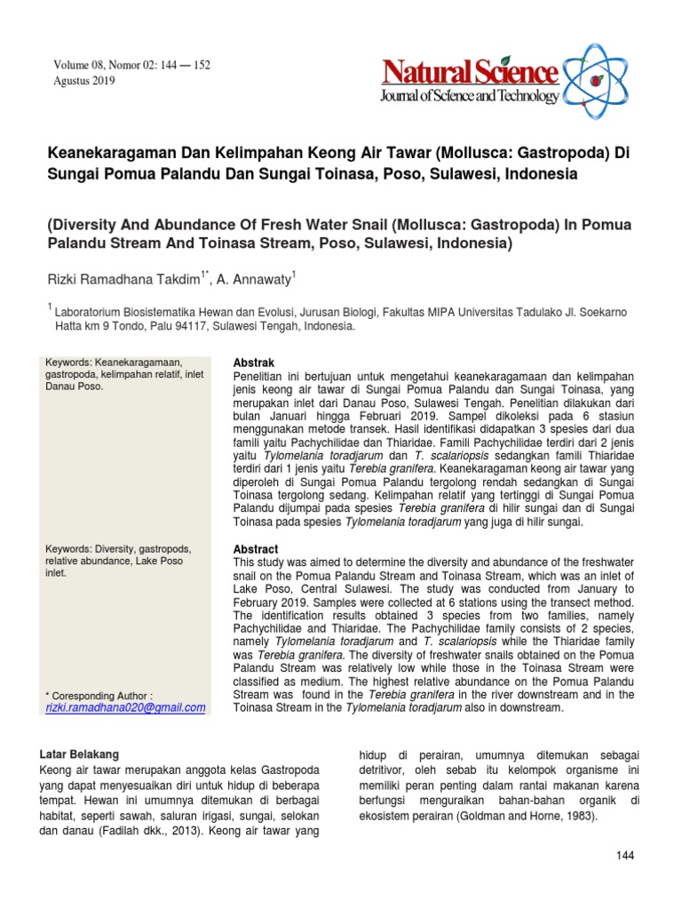 Keanekaragaman Dan Kelimpahan Keong Air Tawar (Mollusca: Gastropoda) Di ...