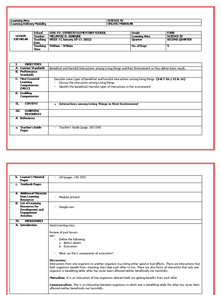 Grade 4 Science Lesson Exemplar Q2 | PDF | Learning | Predation