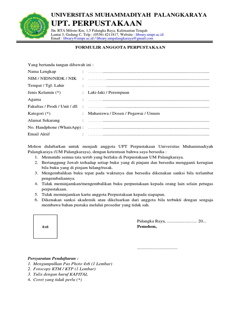 Formulir Anggota Perpustakaan UMPR | PDF