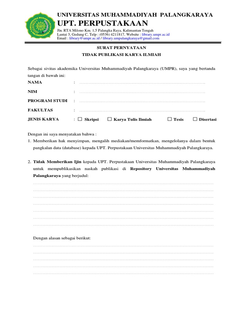 Surat Pernyataan Publikasi Karya Ilmiah | PDF