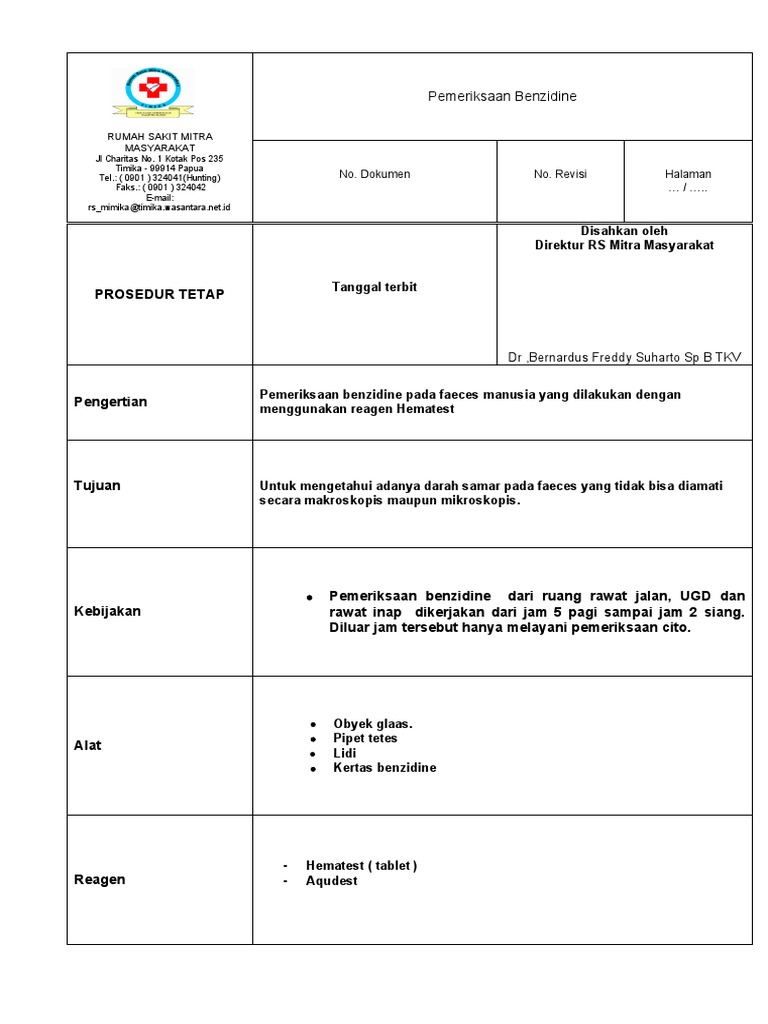 Prosedur Pemeriksaan Tes Benzidine | PDF