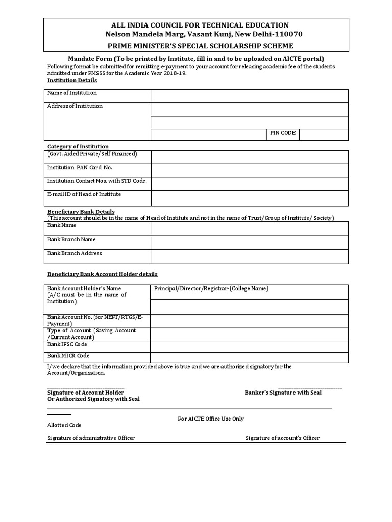 AICTE PMSSS Mandate Form Template | PDF | Career & Growth