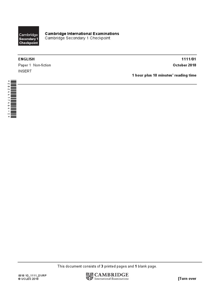 Cambridge Secondary Checkpoint - English (1111) October 2018 Paper 1 ...