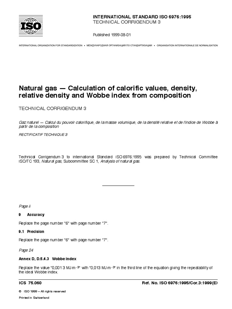 ISO 6976-1995 Natural Gas Calculation of Calorific Values, Density ...