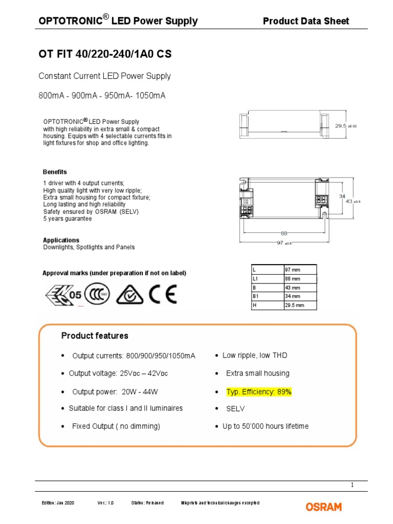 Datasheet For OT FIT 40 220-240 1A0 CS | PDF | Power Supply | Mains ...