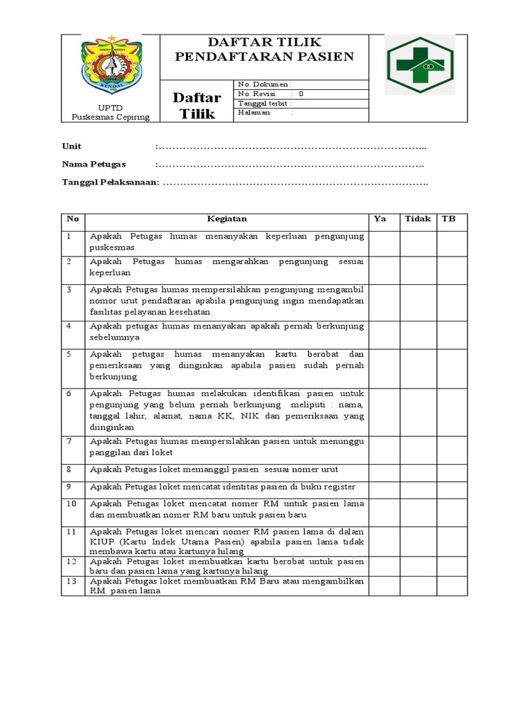 Daftar Tilik SOP Pendaftaran | PDF