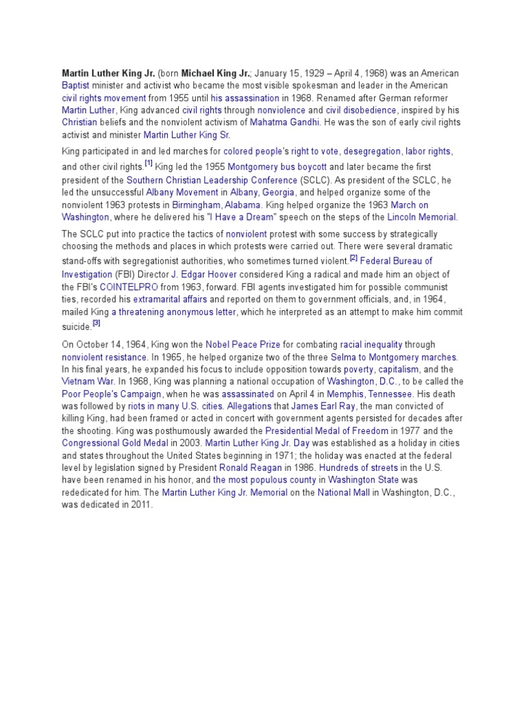 Martin Luther King Jr. (Born Michael King Jr. January 15, 1929 - April ...