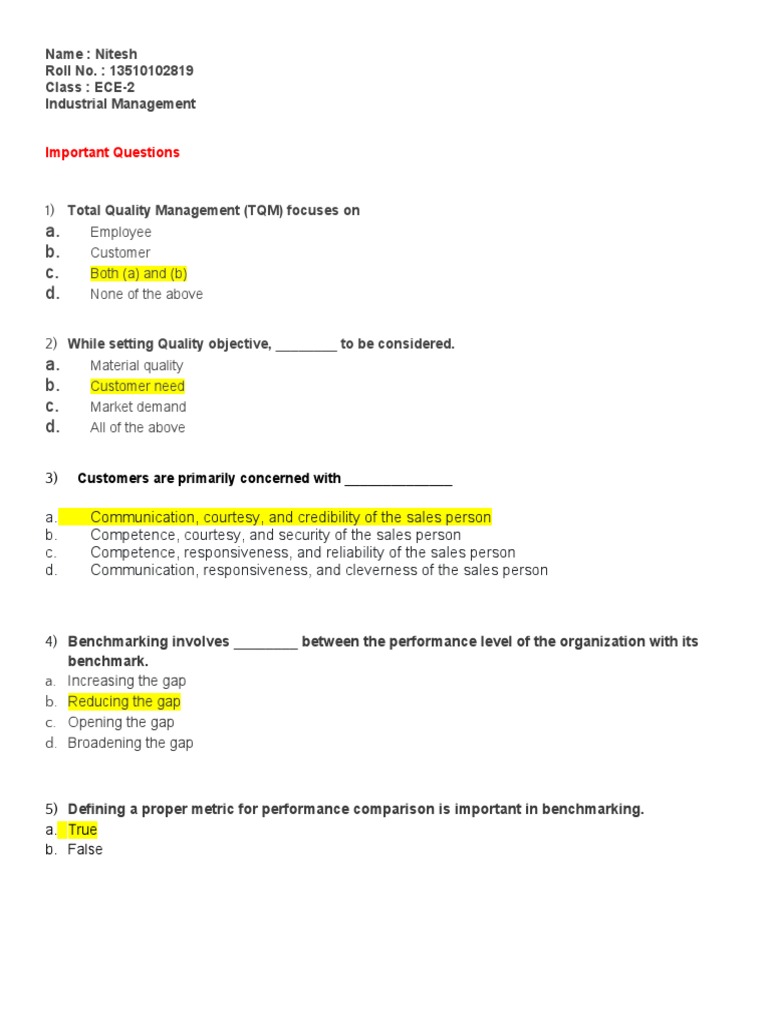 Key Questions on Total Quality Management | PDF | Business