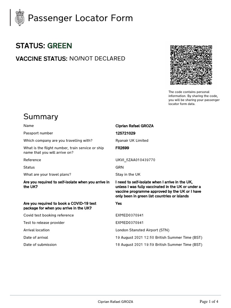 Passenger Locator Form: Green | PDF | Government And Personhood ...