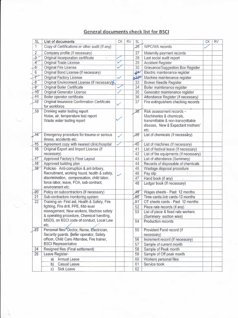 BSCI Audit Check List | PDF | Health Care | Health Sciences