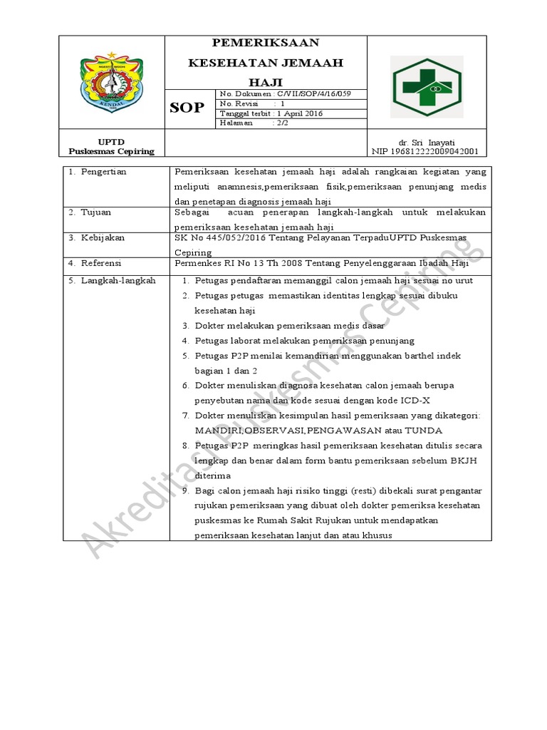 059 Sop Pemeriksaan Calon Jemaah Haji | PDF