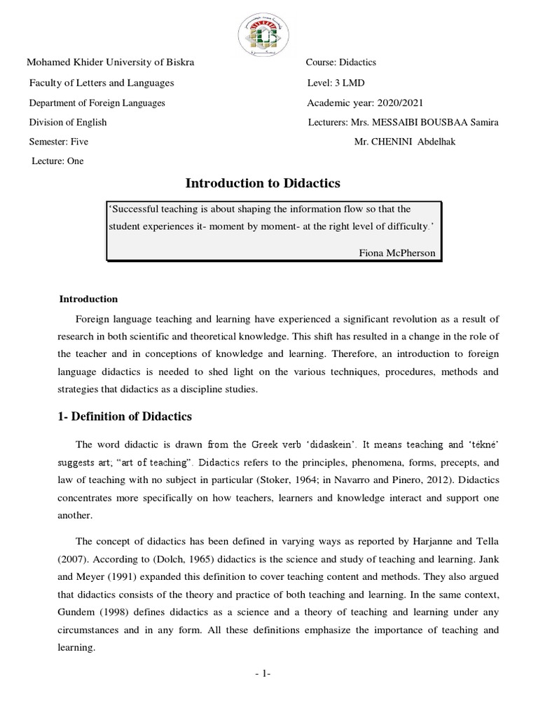 Didactics Lecture 1 - 3LMD | PDF | Educational Psychology | Pedagogy